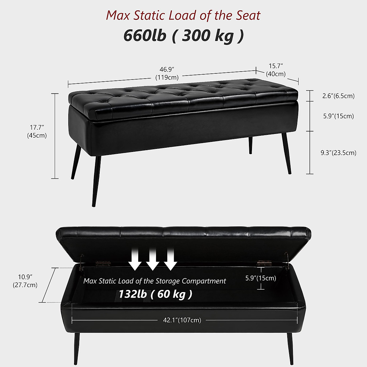 kinmars Leather Storage Ottoman Bench,End of Bed Bench for Living Room Bedroom Dinning Room Entryway,Mid-Century Modern, with Steel Legs,Safety Hinges, Loads 660 lb (with Button, Black)