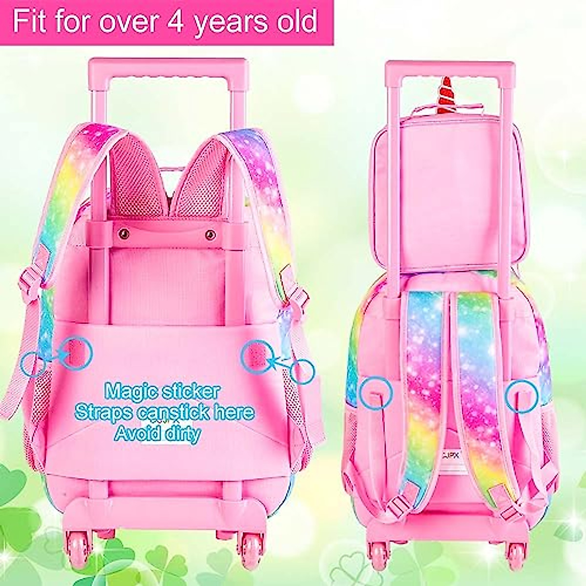 ZLYERT 3PCS Rolling Backpack for Girls, Unicorn Roller School Bag with Wheels for Kids, Wheeled Bookbag with Lunch Box for Children - Pink