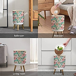 Small Trash Can with Lid watercolor seamless with delicate roses and eucalyptus on light pink Round Garbage Can Press Cover Wastebasket Wood Waste Bin for Bathroom Kitchen Office 7L/1.8 Gallon