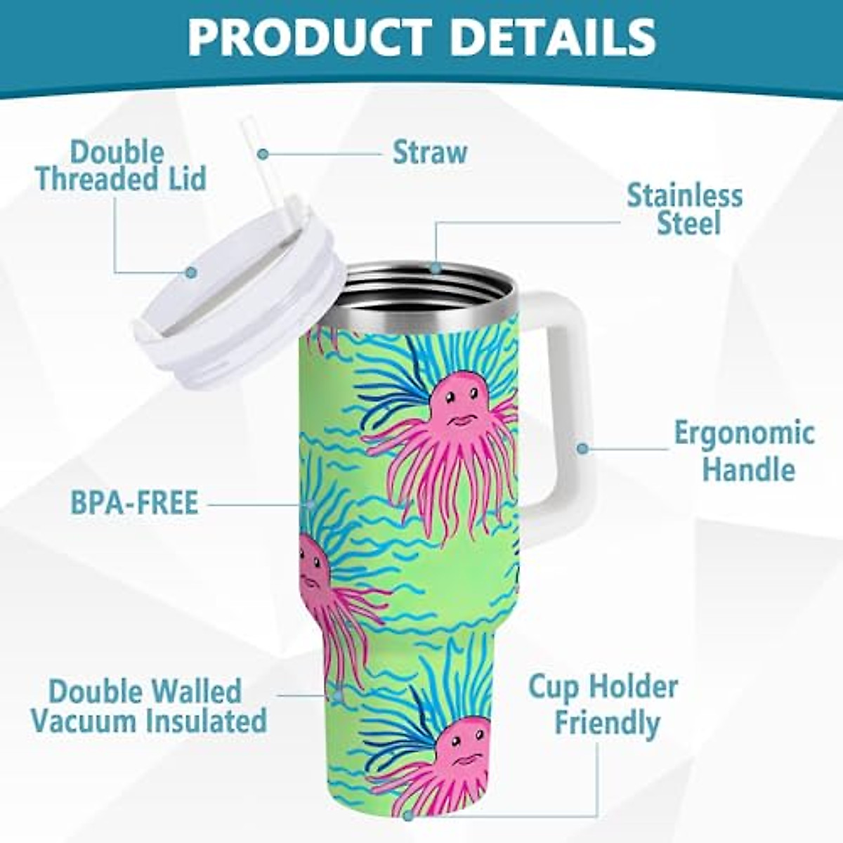 ODAWA 40oz Spill Proof Tumbler with Straw, Cartoon Sea Animals Double Insulated Tumblers with Lid and Straw