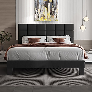 Lifezone Queen Bed Frame with Headboard Linen Upholstered Bed Frame with Wood Slats Support,No Boxing Needed,Heavy Duty Feet,Button Tufted Design,Easy Assembly,Dark Grey