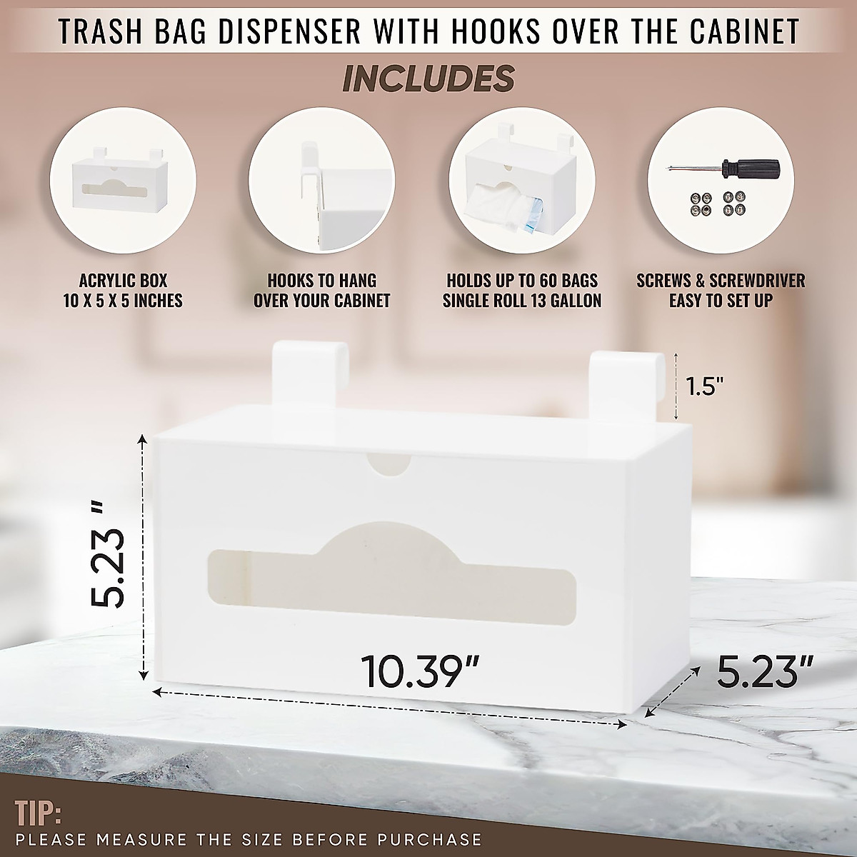 Essential BEMO - Trash Bag Holder Cabinet Door - Trash Bag Organizer Under Sink - Kitchen Trash Bag Dispenser Under Sink - Garbage Bag Dispenser Under Sink - Acrylic Trash Bag Dispenser Roll Holder