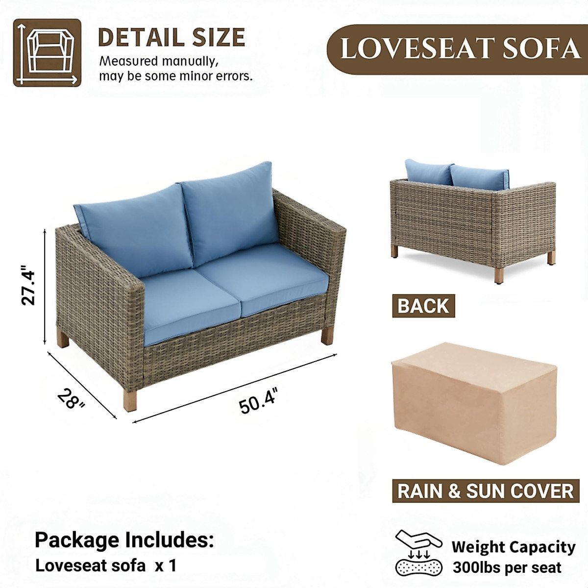 Outdoor PE Wicker Loveseat Sofa, All Weather 2 Seater Small Patio Sofa with Anti-Slip Cushions, Rattan Loveseat Couch Outdoor Furniture for Backyard, Garden, Porch, Blue