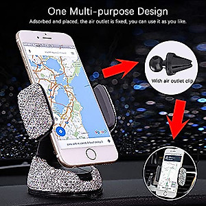 SUNCARACCL Bling Car Phone Holder, 360°Adjustable Crystal Auto Phone Mount Universal Rhinestone Car Stand Phone Holder Car Accessories for Windshield Dashboard and Air Outlet (White)