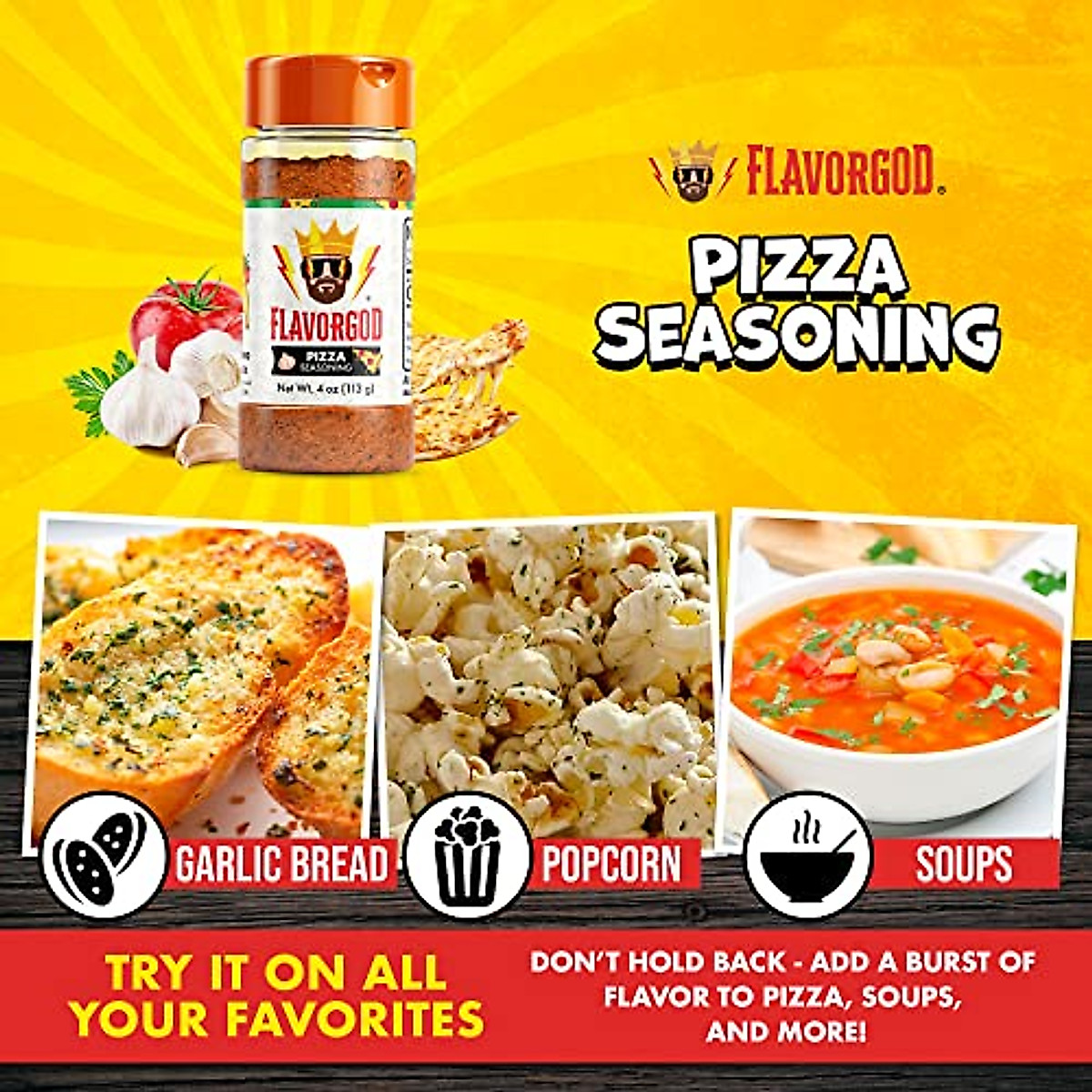 Flavor God Pizza Seasoning Mix Low Sodium, Kosher, Gluten & Dairy Free, Vegan Keto-Friendly Natural Healthy Spice Blend For Grilling Chicken Beef Seafood Vegetables, Salad, Tacos, Ravioli, Dips, Pasta