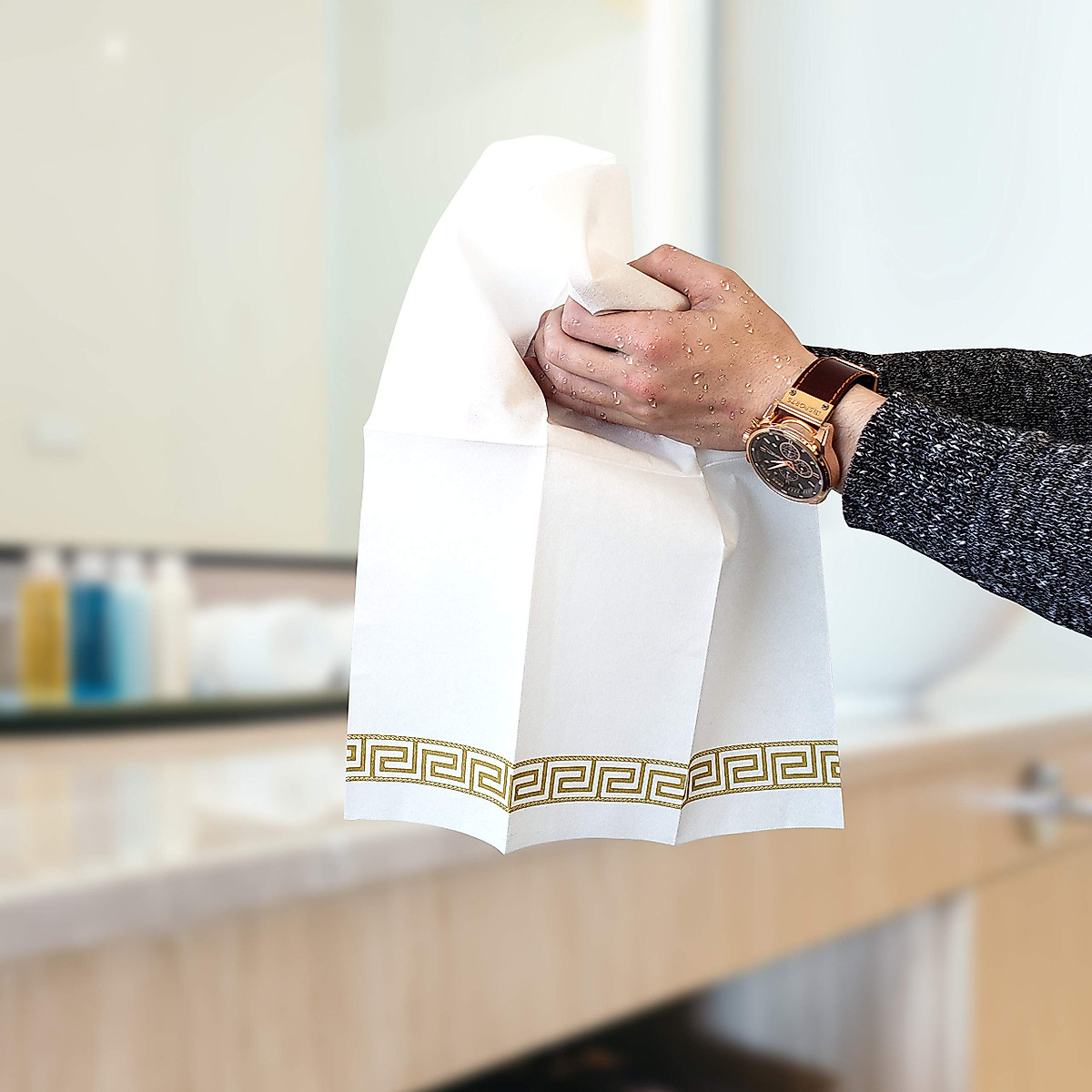 Decorative Hand Towels, Gold design 50 Disposable Linen-Feel Guest Towels – Formal Dinner, Anniversary, Wedding Napkins for Tables, Guestrooms, Restrooms, 8.5x4-Inches Folded, [Gold 50 Pack]