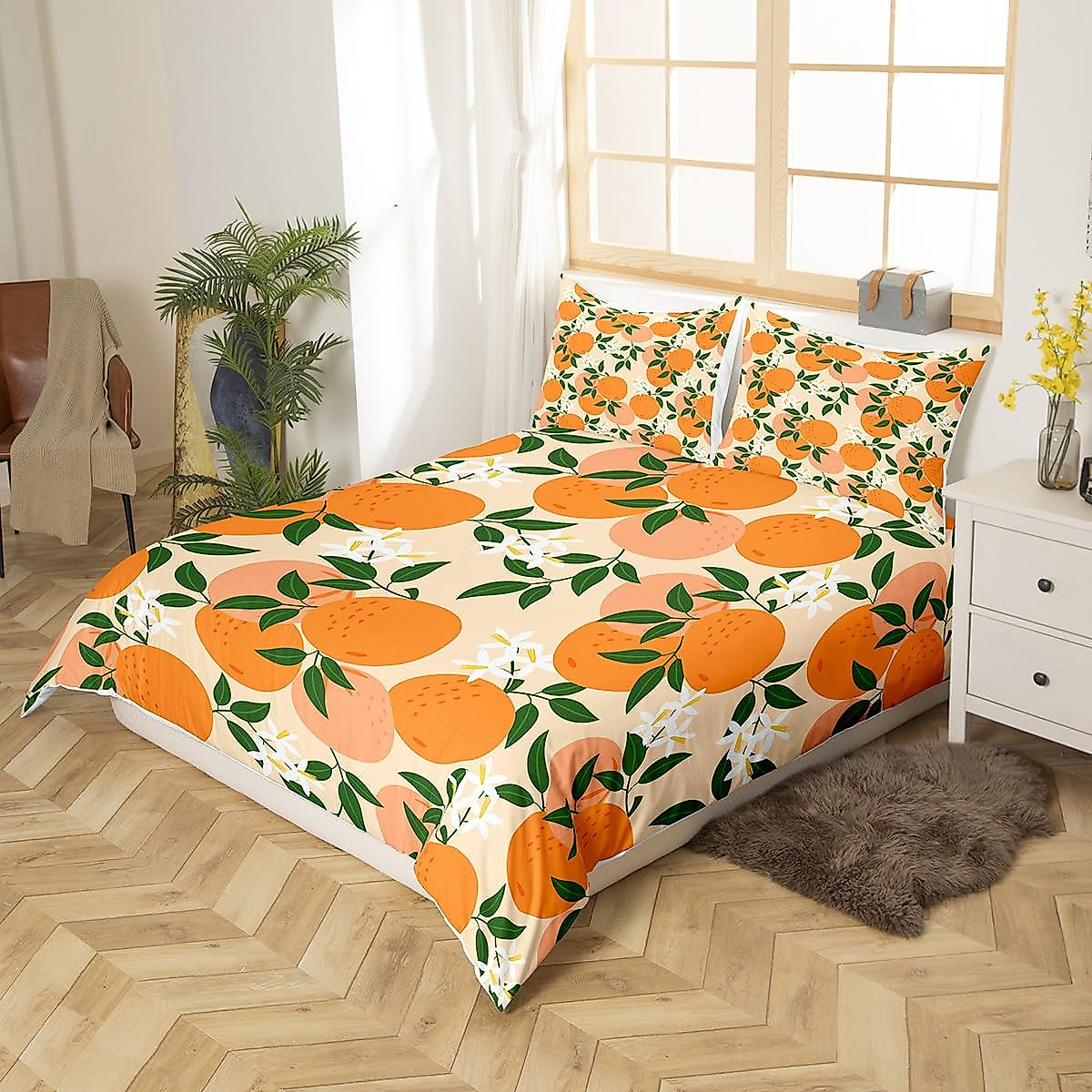 Feelyou Cartoon Orange Duvet Cover Set Fresh Oranges Bedding Set for Kids Boys Girls Cartoon Citrus Fruit Comforter Cover Fruit Style Quilt Cover Bedroom Collection 3Pcs Queen Size
