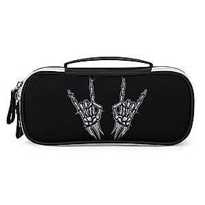 Rock N Roll Skeleton Hand Printed Pencil Case Bag Stationery Pouch with Handle Portable Makeup Bag Desk Organizer
