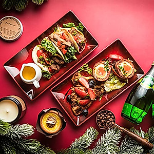 Gomakren Serving Platters Trays for Parties, Christmas Serving Dishes and Platters Porcelain Rectangle Plates Set of 2, 10 In Food Serving Tray, Microwave Dishwasher Safe Burgundy Red Christmas Gifts