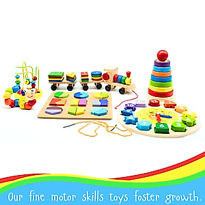 LMC Products Variety Pack of 6 Wooden Toys - Toys for Toddlers 3 Year Old & Up, Stacking & Lacing Toys, Fine Motor Skills Toys, Bead Maze, Educational Shape Puzzle
