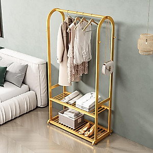 BUZUEY Gold clothing rack,Heavy duty clothes rack,Small clothing racks for hanging clothes,Wardrobe Rack,rack for clothes to hang,garment rack with bottom shelves,hanging racks for clothes(L:31.5in)