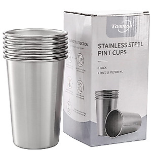 Tosnail 6 Pack 16 oz Stainless Steel Pint Cups Metal Cups Unbreakable Drinking Glasses Water Tumblers for Kids, Adults Indoor and Outdoor Use - Silver