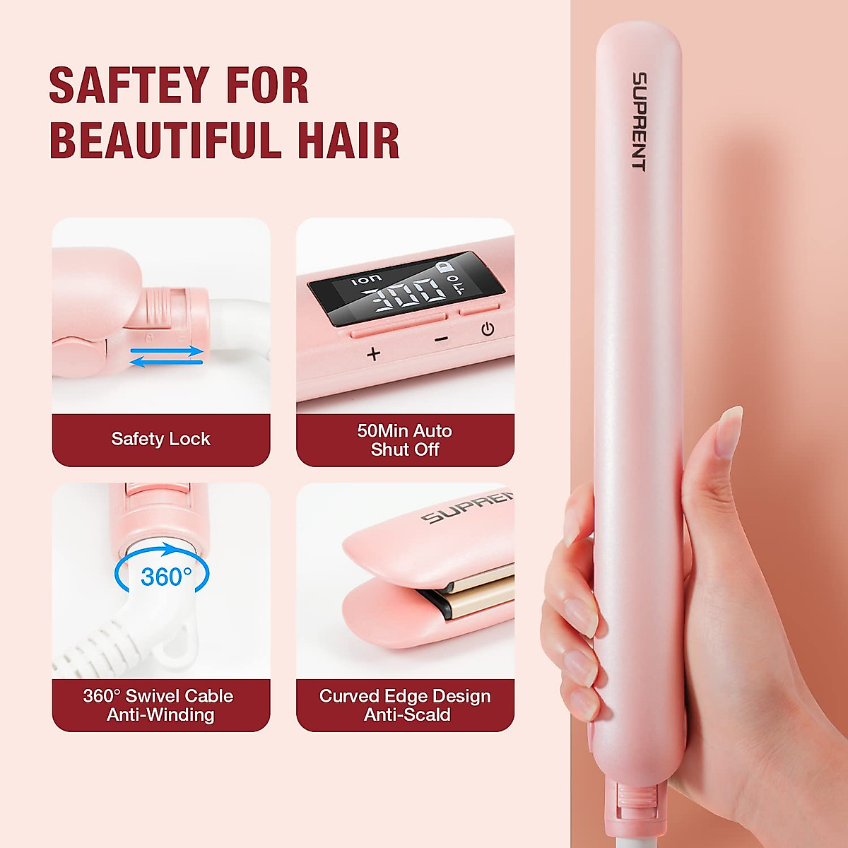 SUPRENT Hair Straightener 1 Inch Flat Iron- 2-in-1 Ceramic Straightens & Curls for Travel- Heats Up Fast- Hair Straightening Iron with 110-240V Dual Voltage and LCD Display- Pink