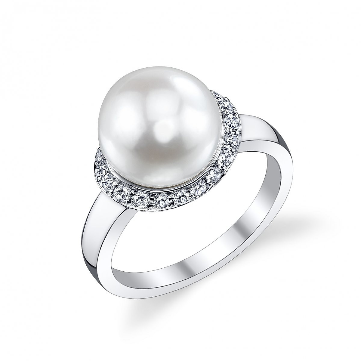 The Pearl Source 10-11mm Genuine White Freshwater Cultured Pearl & Cubic Zirconia Sparkling Ring for Women