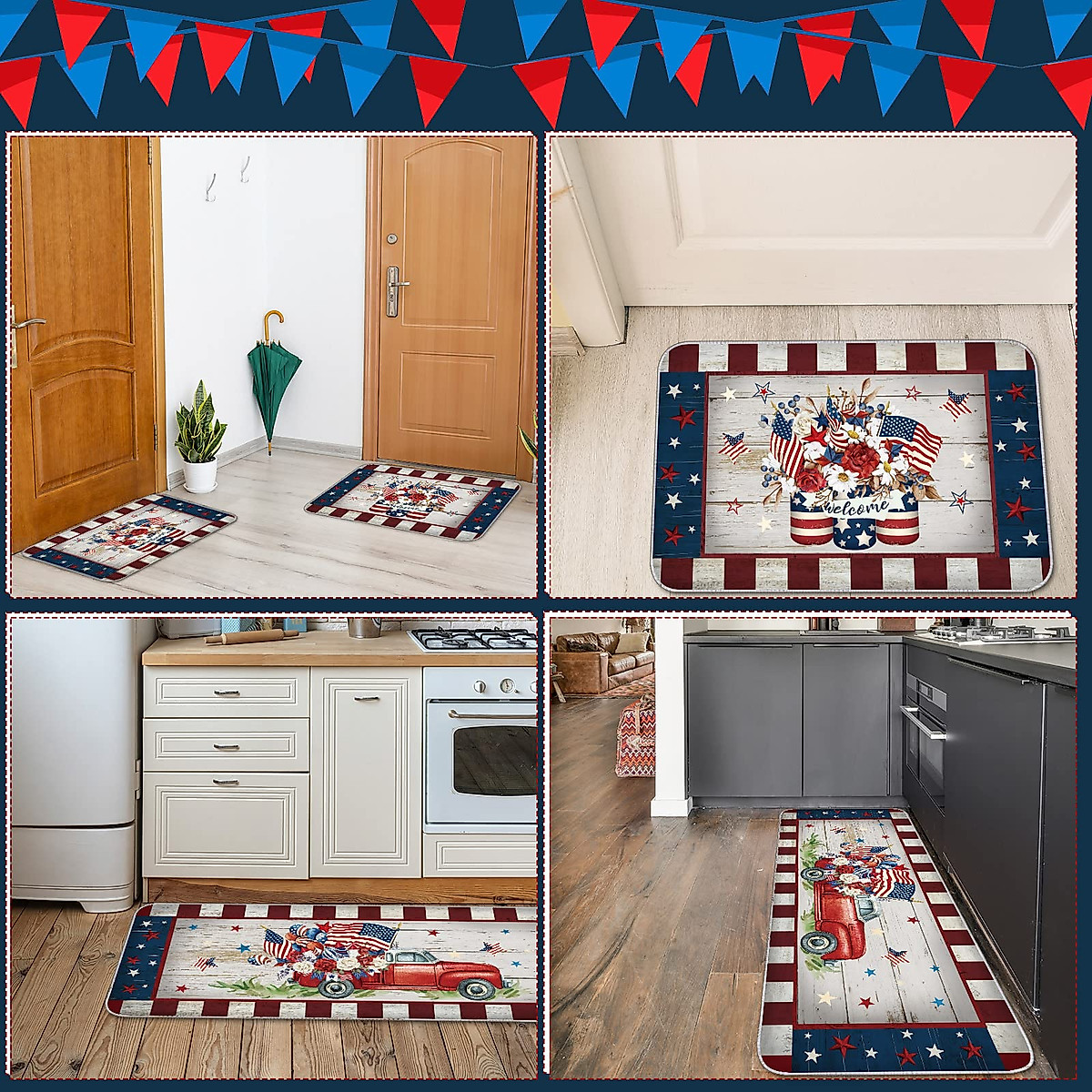 Suttmin 2 Pieces 4th of July Kitchen Rugs Patriotic Truck and Jar Mats Independence Day Rugs Memorial Day Red White Blue Floor Rug for Memorial Day Home Decor, 17 x 29 Inches, 17 x 47 Inches