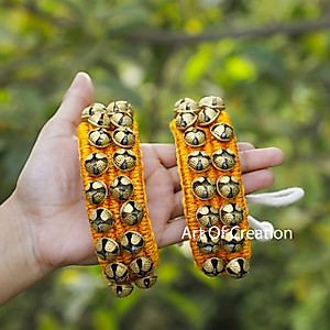 Art Of Creation Dancing Ankle Kathak Ghungroo Pair 40 Bells 2 Lines Handmade Musical Instrument Classical Bharatnatayam Kuchchipudi (Yellow Padded 40 Bell)