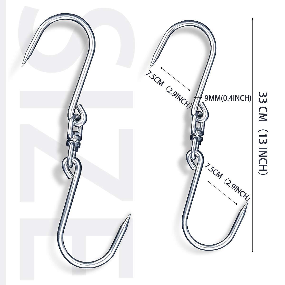 2 Pcs Swiveling Meat Hook Heavy Duty Double Meat Hanger Stainless Steel Butcher Hooks Perfect for Large Animals Fishing Hunting Carcass Hanging Hook Bacon Hook (9 MM)