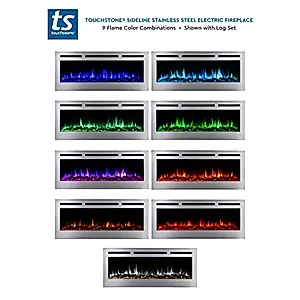 The Sideline Deluxe™ by Touchstone - Stainless Steel Electric Fireplace - 50 Inch Wide - in Wall Recessed - 5 Flame Settings - Multiple Color Flame - 1500W Heater - Log & Crystal Hearth Options- 86273