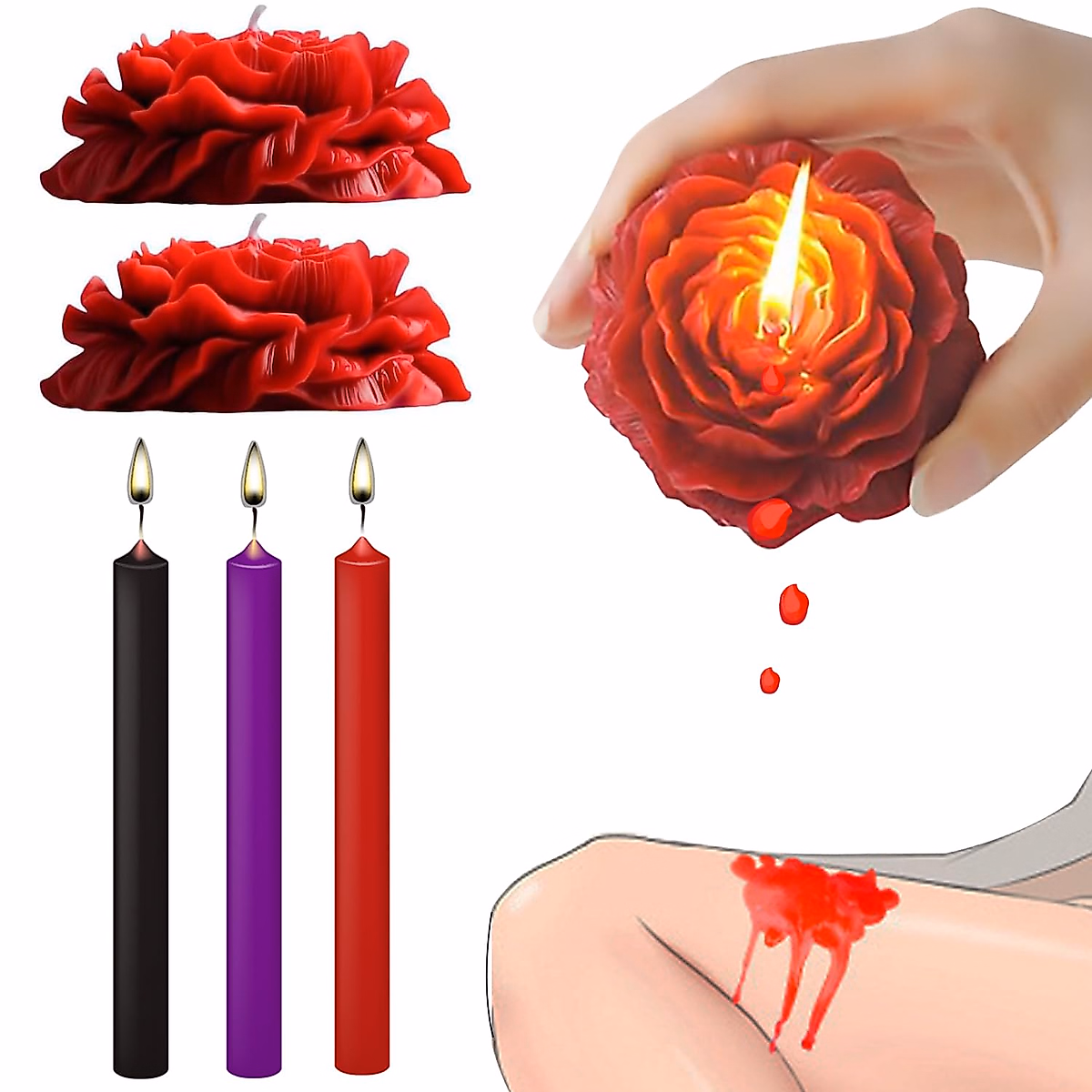 Red Rose Flower Scented Candle Set of 5, 2 Rose Shapes + 3 Long Low Temperature Candles, Romantic Ambiance Wax Play Candles for Date Night Romantic Wax Play Couple Wedding Anniversary Candles