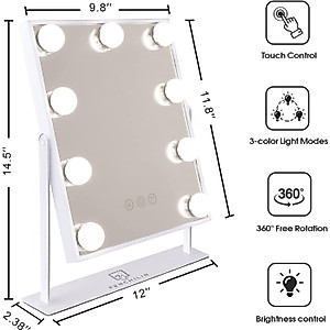 FENCHILIN Vanity Mirror with Lights Lighted Makeup Mirror Makeup Vanity Mirror Smart Touch Control 3 Colors Dimmable Hollywood Mirror with Lights 10X Magnification 360° Rotation White