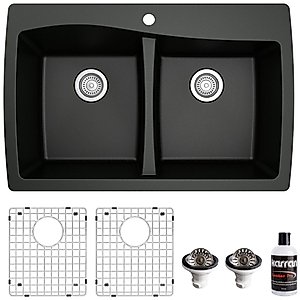 Karran QT-720 Drop-In Quartz Composite 34 in. 1-Hole 50/50 Double Bowl Kitchen Sink Kit in Black