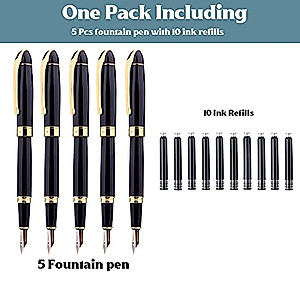 Ancolo Custom Black Fountain Pens-Luxury Refillable Elegant pens- with Extra10 Black Ink Refill, Engraved Personnal Name/Slogan/Phone Number, Perfect for Bank, Office, Hotel Lobbies 5 PCS/Pack