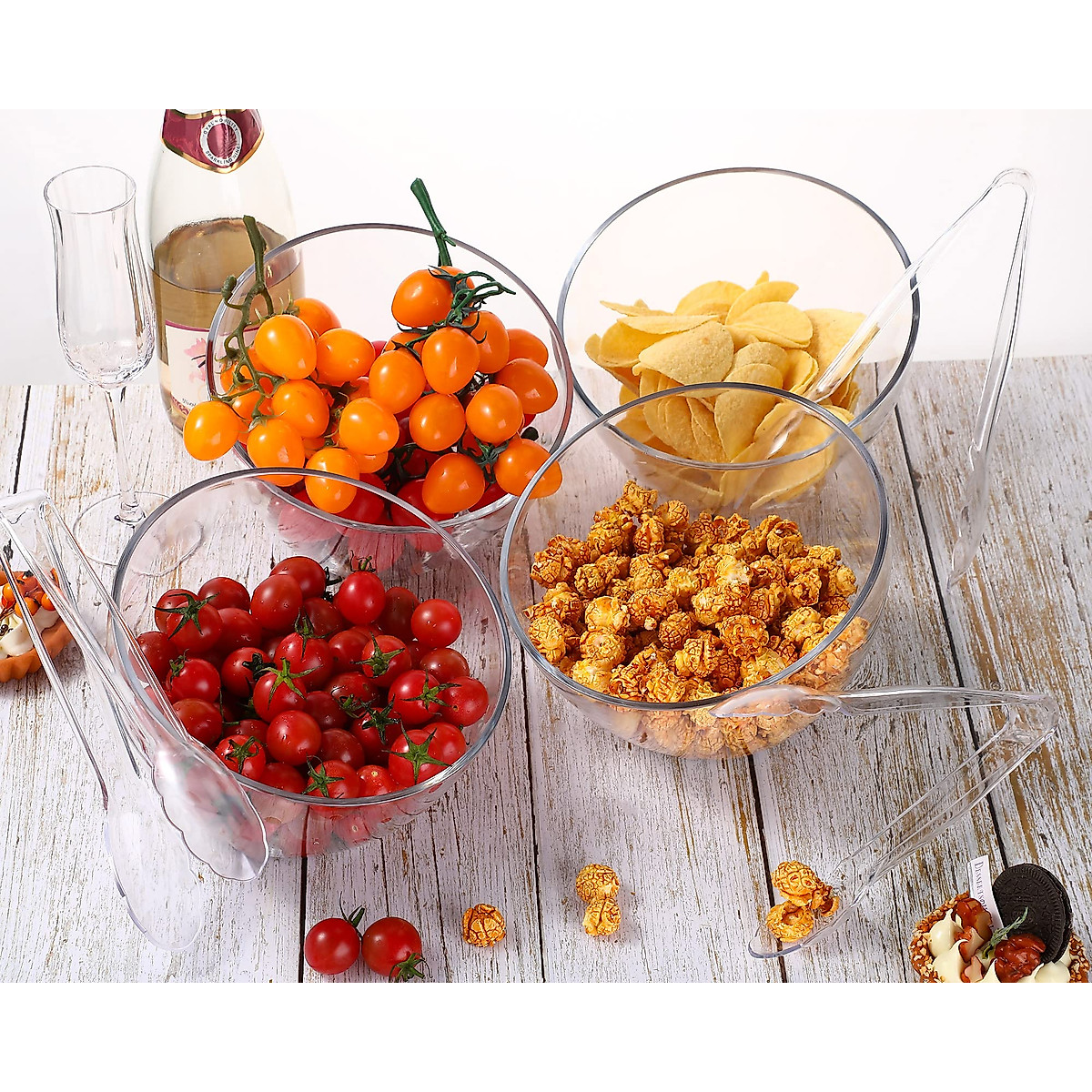 8 Pcs Acrylic Bowls Angled Plastic Bowls with Tongs Clear Salad Serving Bowls Thick Acrylic Serving Bowls for Parties Snack Candy Bowls Buffet Containers for Pasta, Chips, Fruit, Prep