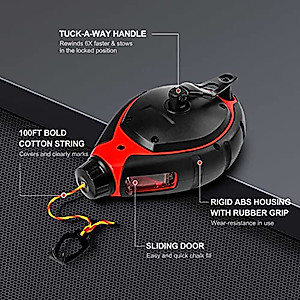 HAUTMEC Pro Compact Chalk Line,30m/100ft Chalk Reel/Box,6 Ratio Speed Winding,Bold Chalk Line & Integrated Handle Release,for Carpenters and Builders HT0108-CL