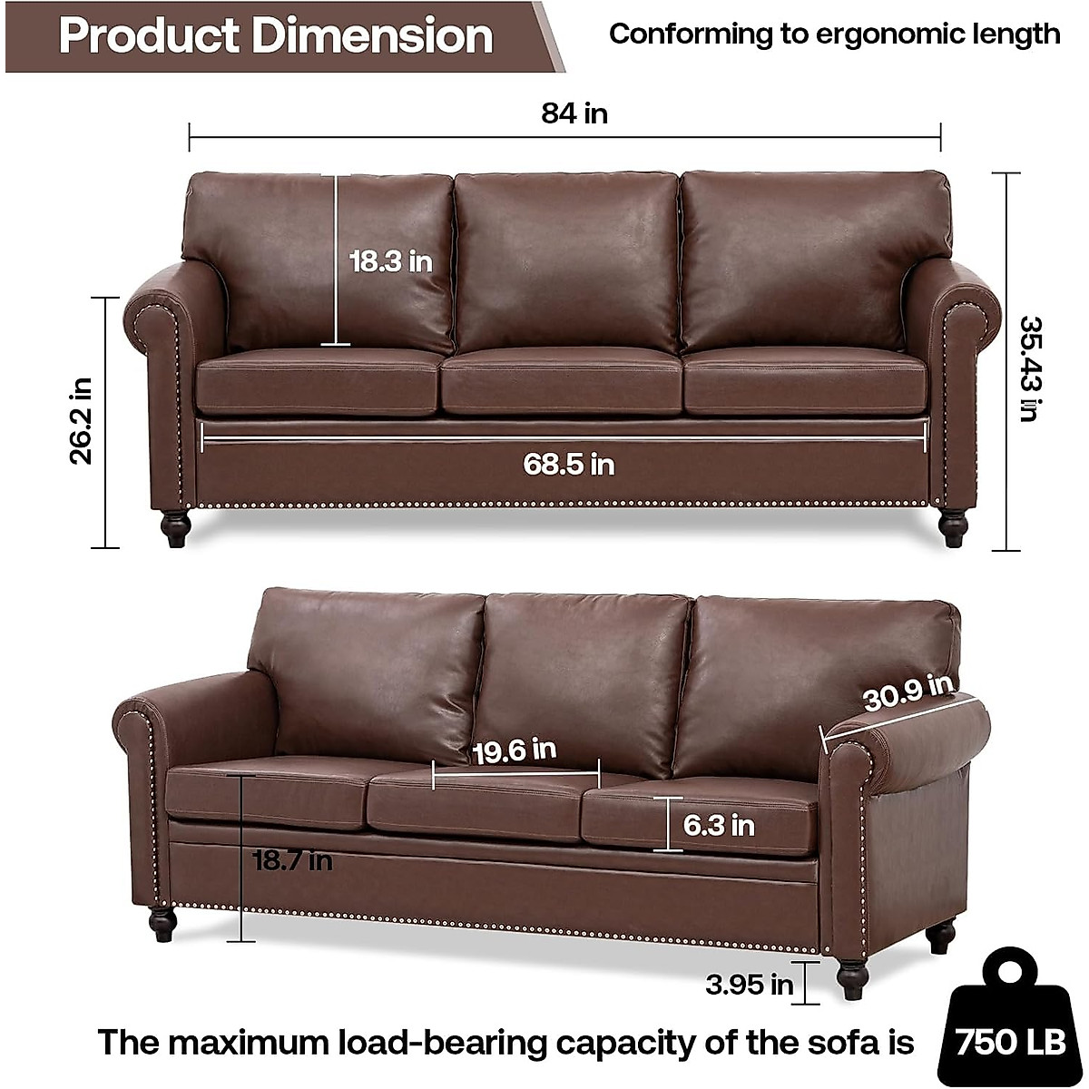 Brown Leather Couch, Comfy Classic 3 Seater Living Room Sofa，Mid-Century Modern Sofa with Detachable Cushions 84" for Living Rooms, Bedrooms, Offices,Apartments Tool-Free Assembly(Brown PU + Sofa)