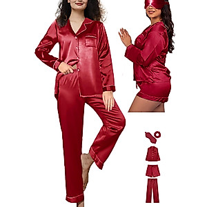 WJing Yi Jia 5Pcs XS-XXL Womens Silk Satin Pajamas Sets Long Pj Sets Button Down Pjs Set Loungewear Sleepwear Dusty Blue