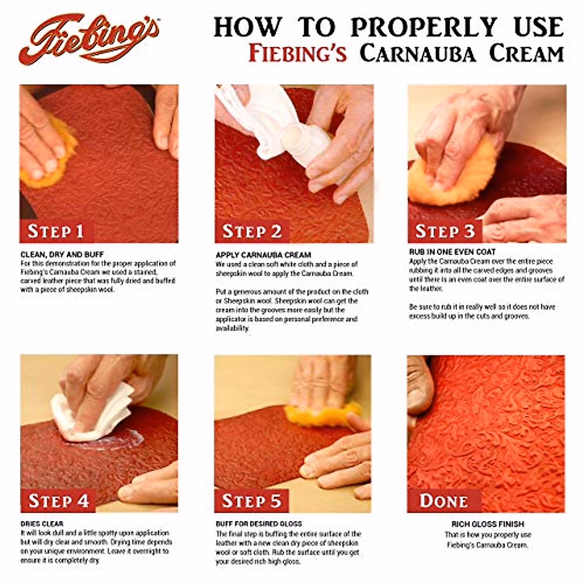 Fiebing's Carnauba Creme (4oz) - Protective Wax Finish for Leather Goods - Provides a Highly Flexible Coating to any Leather that Buffs to a High Gloss and Resists Finger Prints & Scuff Marks