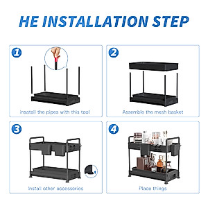 BAYANKHAR Under Sink Organizers and Storage, Multi-purpose Bathroom Organizer Under Sink, 2 Tier Under Kitchen Sink Organizer Sliding Cabinet organizer Basket with Hooks,Hanging Cup,Black,2 Pack