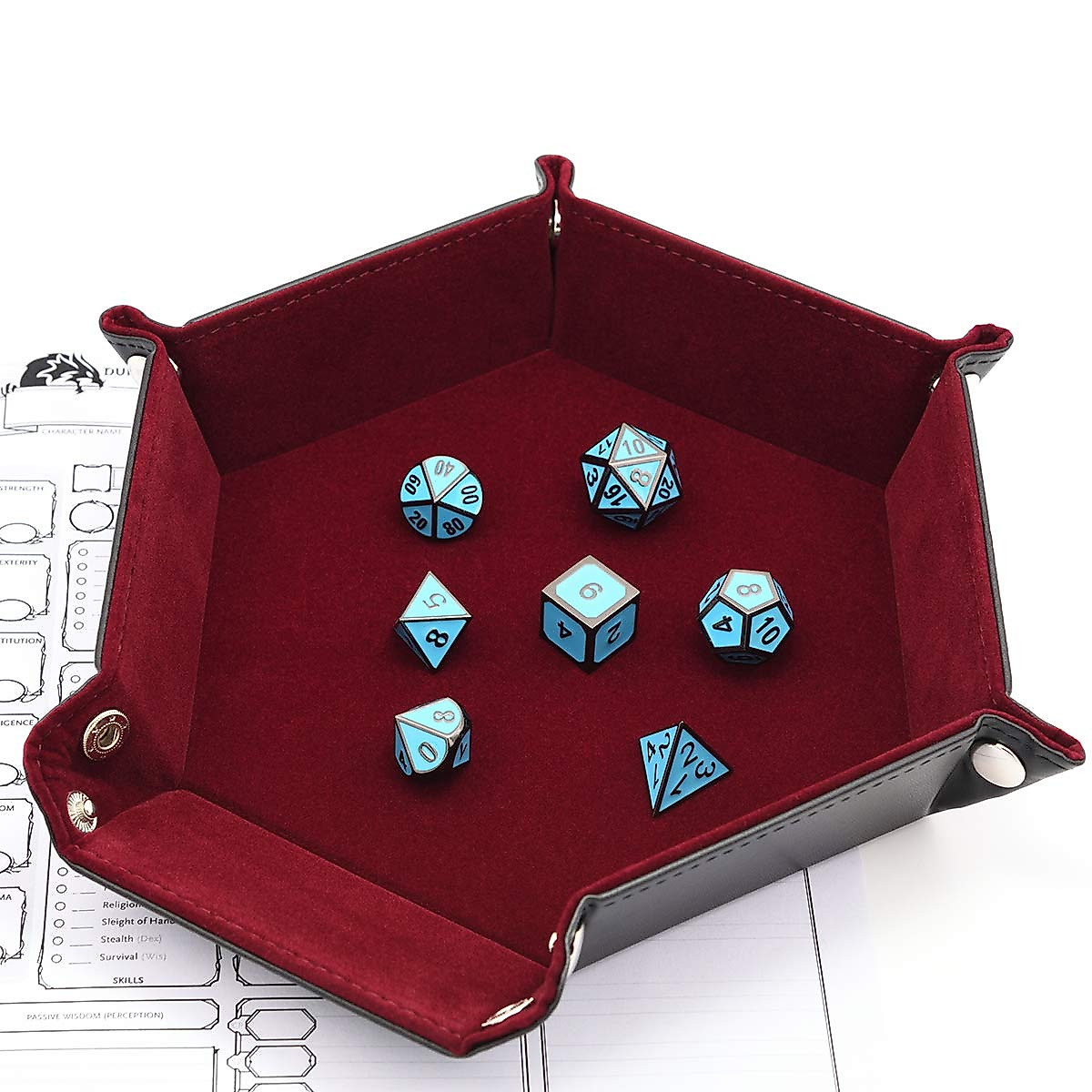 Dice Folding Hexagon Tray w/Red Velvet Rolling for DND Dice Games and Candy Holder Storage