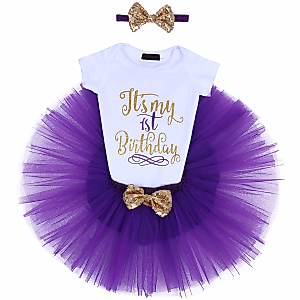 ODASDO It’s My 1st First Birthday Outfit Newborn Infant Baby One Year Party Cake Smash Set Princess Dress Cotton Short Sleeve Bodysuit Romper Tutu Skirt Sequin Bowknot Headband 3pcs Purple 1st 1T