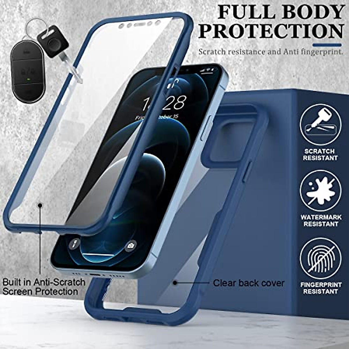 FUNMIKO iPhone 12 Pro Max Case,Clear Cover with Touch-Sensitive Built-in Screen Protector,Military Grade Pass 21ft. Drop Test Slim-fit Protective Phone Case for iPhone 12 Pro Max 6.7" Blue