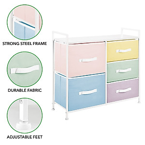 mDesign 30.3" High Steel Frame/Wood Top Storage Dresser Furniture, 5 Fabric Drawers, Tall Bureau Organizer for Baby, Kid, Teen Bedroom, Nursery, Playroom, Dorm, Jane Collection, Bright Multi/White
