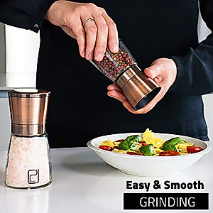 Premium Salt and Pepper Grinder Set - Best Copper Stainless Steel Mill for Home Chef, Magnetic Lids, Smooth Ceramic Spice Grinders with Easy Adjustable Coarseness, Top Salt and Pepper Shakers - 6 Oz