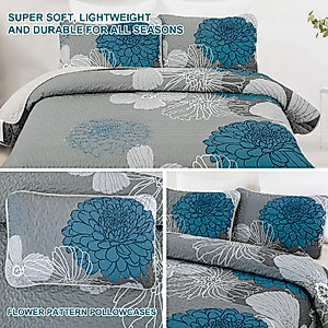 Floral Quilt Set Queen Blue Boho Bedspread 3 Pieces Soft Lightweight Coverlet with 2 Pillow Shams for All Season 96"x90"