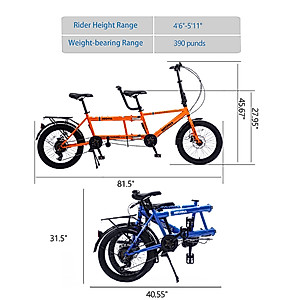 petolovty Tandem Bike - City Tandem Folding Bicycle, Foldable Tandem Adult Beach Cruiser Bike Adjustable 7 Speeds, 2-seater, CE FCC CCC (Orange)