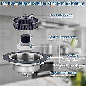 Semour Upgraded 3 in 1 Kitchen Sink Drain Strainer Stopper 304 Stainless Steel Pop Up Kitchen Sink Stopper Anti-Clogging Kitchen Sink Strainer Basket Filter for US Standard 3-1/2 Inch Drain