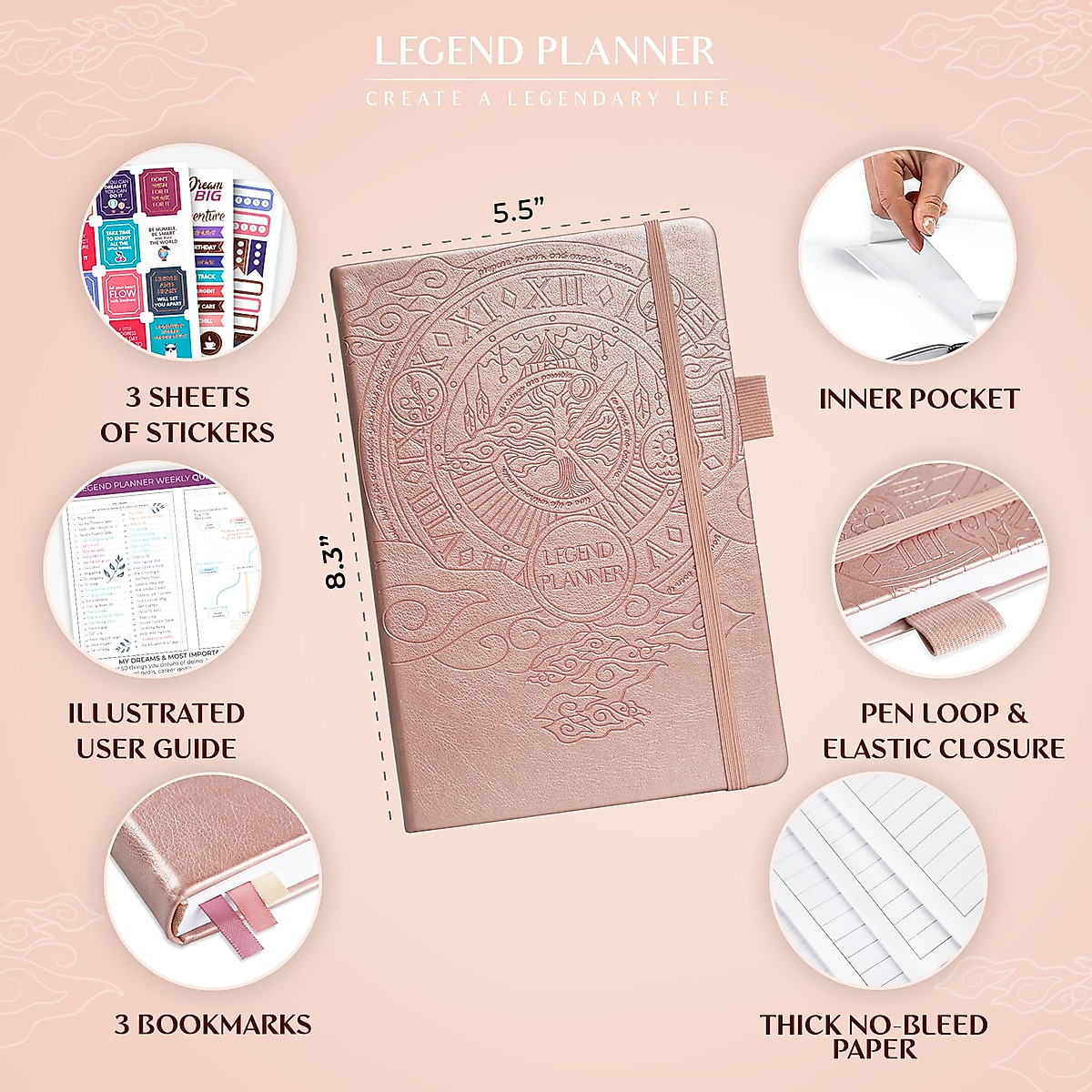 Legend Planner – Weekly & Monthly Life Planner to Hit Your Goals & Live Happier. Organizer Notebook & Productivity Journal. A5 (Rose Gold)