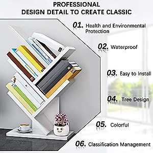 QUMENEY Tree Bookshelf, 5 Shelf Display Bookcase,Tree Bookcase for Books/CDs/Albums/Files Holder, Free Standing Book Shelves Organizer for Office，Bedroom, Living Room (White)