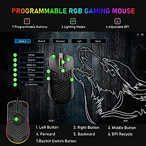 Wired Lightweight Gaming Mouse,6 RGB Backlit Mouse with 7 Buttons Programmable Driver,6400DPI Computer Mouse,Ultralight Honeycomb Shell Ultraweave Cable Compatible with PC Gamers,Xbox,PS4 (black)