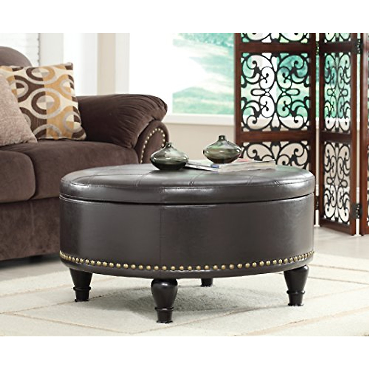 OSP Home Furnishings Augusta Round Storage Ottoman with Decorative Nailheads and Flip Over Lid with Serving Tray Surface, Espresso Faux Leather
