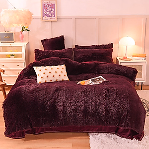AETVRNI Luxury Plush Shaggy Faux Fur Duvet Cover Set, Super Soft 4 Pieces Dark red Fluffy Comforter Cover Set, Bedding Set(1 Plush Furry Duvet Cover+ 1 Flat Sheet+ 2 Pillow Shams),2,King