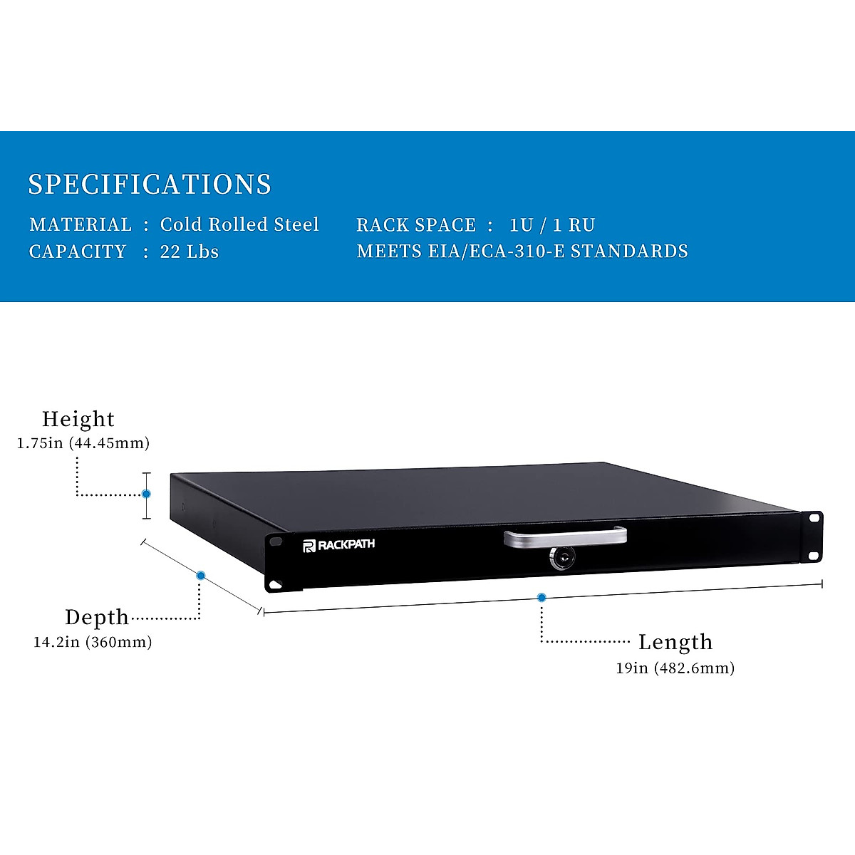 RackPath 1U Rack Mount Drawer for 19 Inch AV/Network/DJ Equipment Racks or Cabinets with Lock and Key