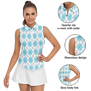 Womens Sleeveless Blue Golf Shirt Printed Polo Tennis Shirts Moisture Wicking Athletic Sport Golf Tanks for Women