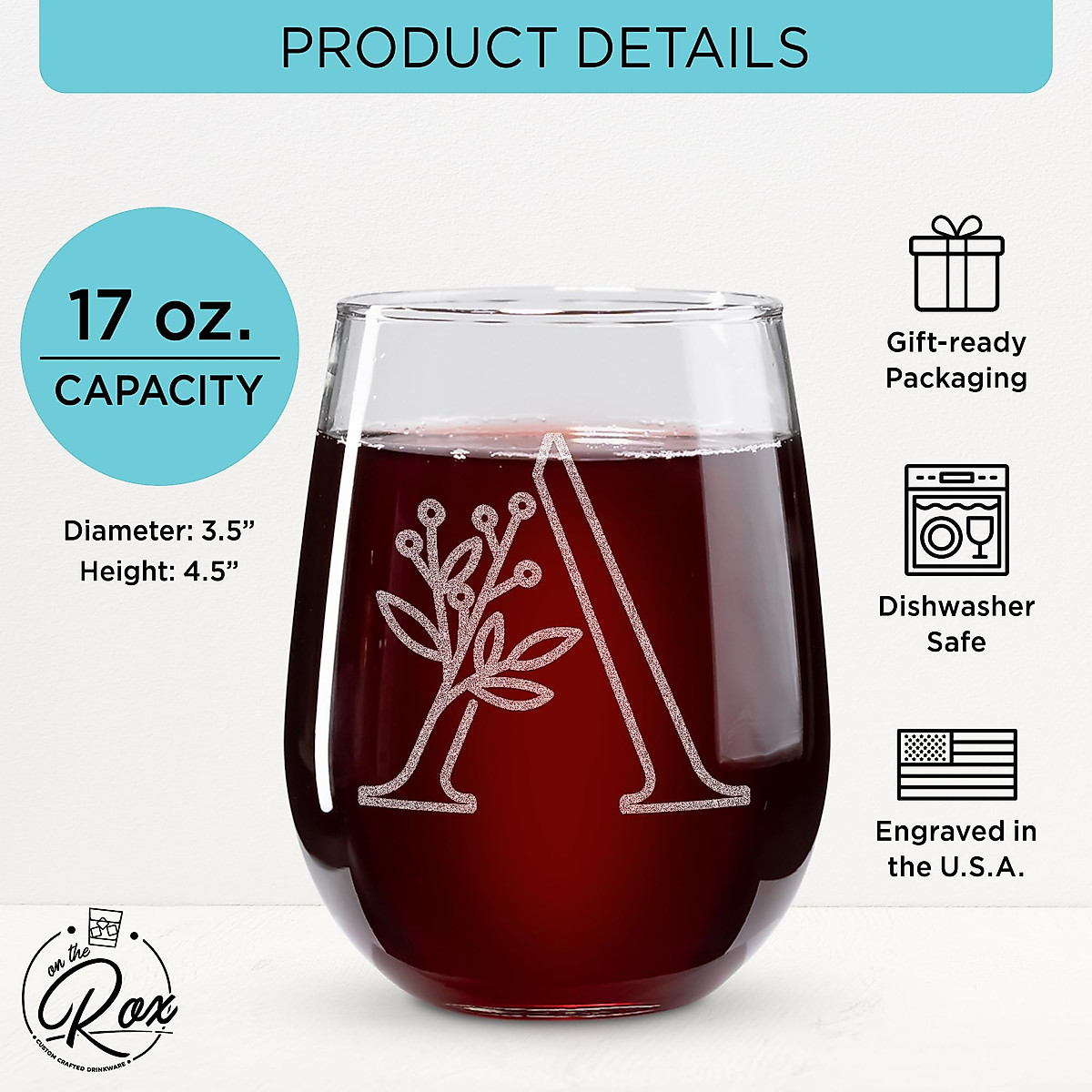 On The Rox Drinks Monogrammed Gifts For Women and Men - Letter A-Z Initial Engraved Monogram Stemless Wine Glass - 17 Oz Personalized Wine Gifts For Women and Men (A)