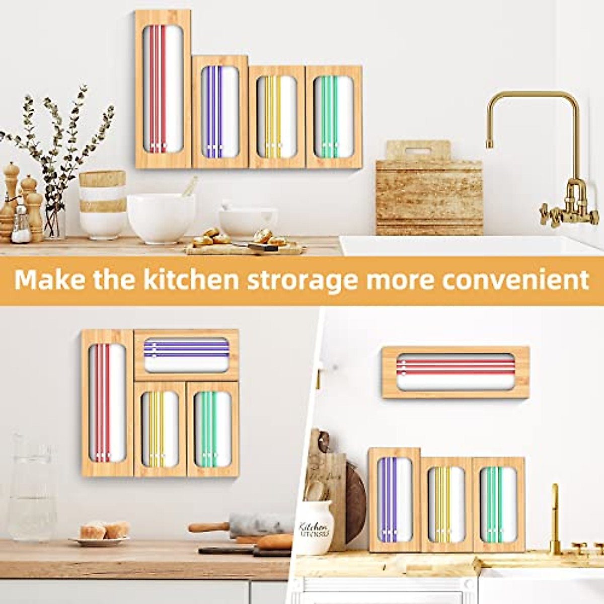 Ziplock Bag Storage Organizer for Kitchen Drawer - Magnetic Food Storage Bag Holders, Bamboo Baggie Organizer, Compatible with Gallon, Slider, Quart, Sandwich, Snack & Variety Size Bag （4-pack）