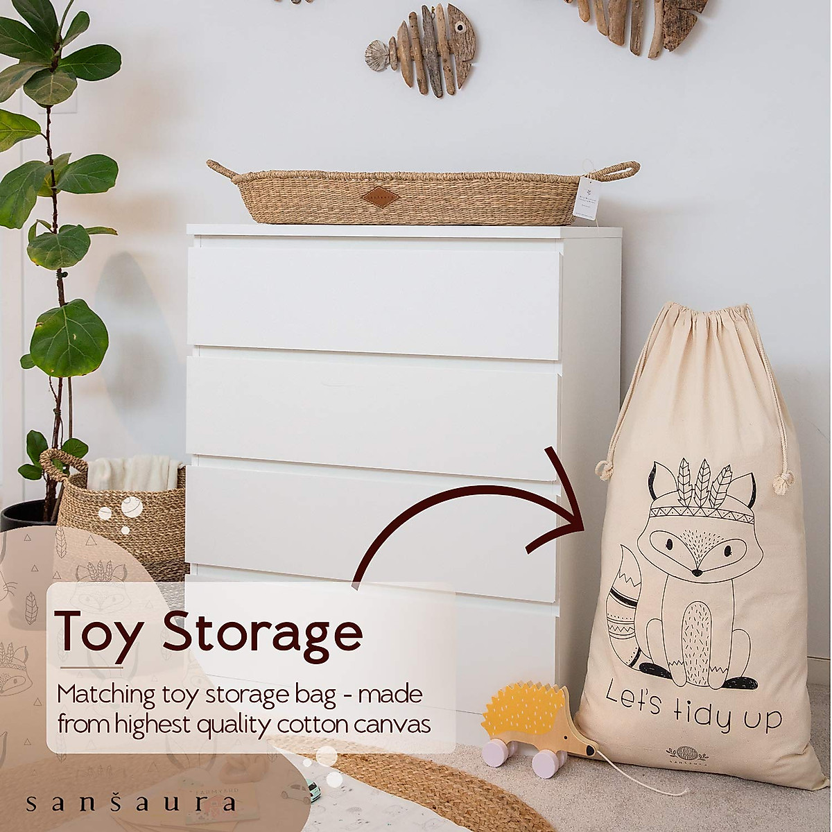 Sansaura Nursery Set - Seagrass Baby Changing Basket, Diaper Basket, with Thick Waterproof Pad & 100% Cotton Fitted Sheet, Toy Storage Bag, Woodland Designs, Shower Gift for Newborns, Boho nursery